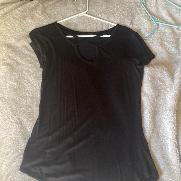 Tops | Black Deep Cut Out In Front Top With Cross Cross On Upper Chest ...